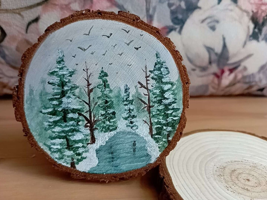 Hand Painted Wood Slice | Acrylic Painting | Winter Landscape - Etsy