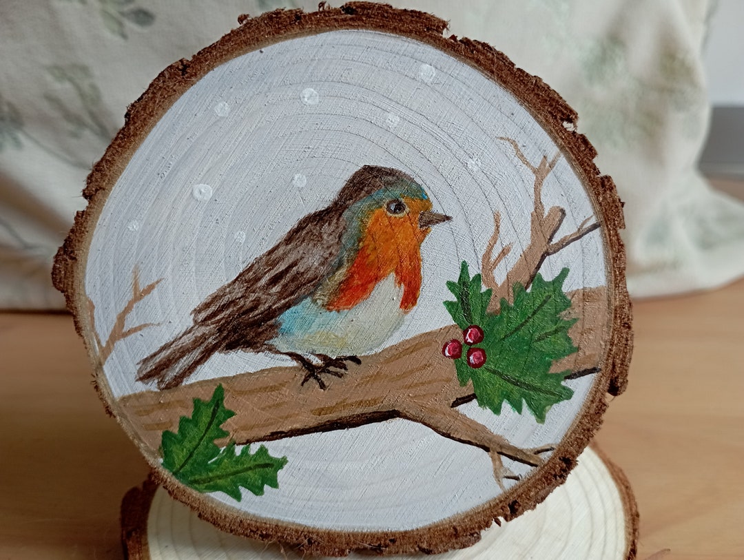 Hand Painted Wood Slice | Acrylic Painting | Winter Bird - Etsy