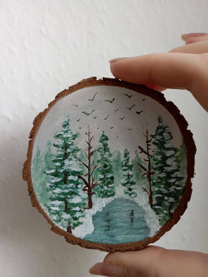 Hand Painted Wood Slice | Acrylic Painting | Winter Landscape - Etsy