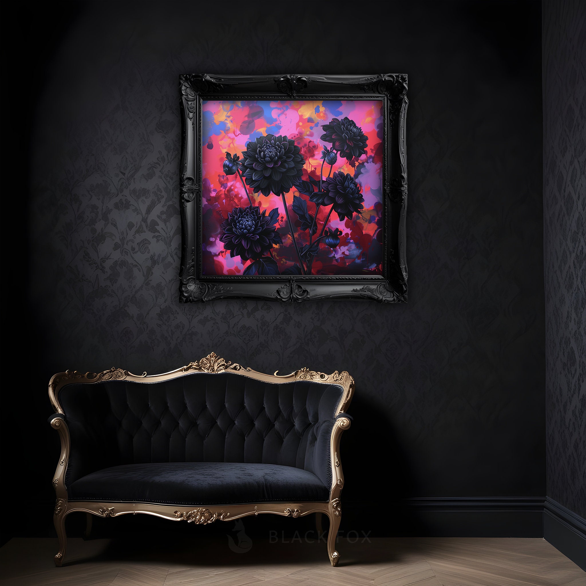 Black Dahlia Wall Art, Vibrant Flower Art, Drip Painting, Flower Poster ...