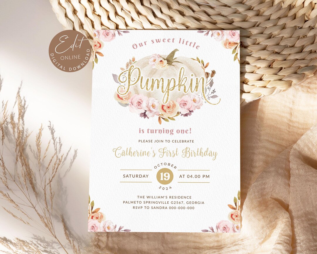 Editable Fall Pumpkin Invitation, First 1st Pumpkin Birthday Invitation ...