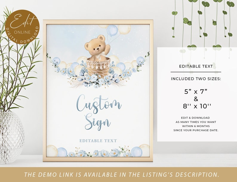Blue Bear Balloon Baby Shower Custom Sign Template, Printable Baby ...