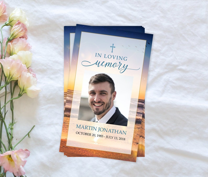 Editable Funeral Prayer Card Template Sunset Editable Memorial Prayer ...