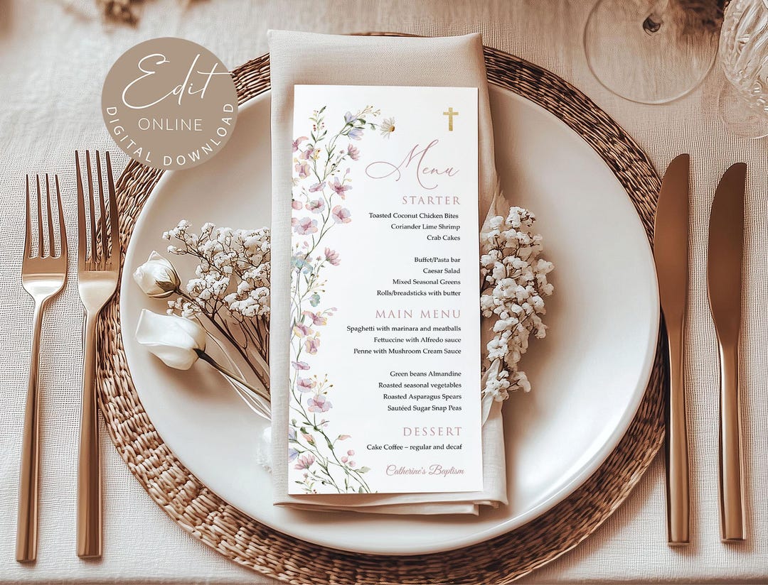 BAPTISM Menu Template, First Communion Dinner Menu, Bautizo Wildflower ...