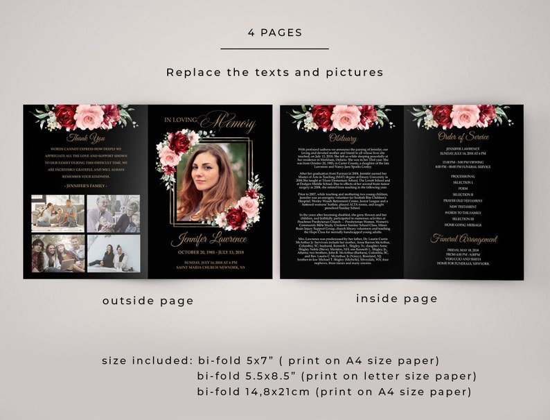 Editable Funeral Program Template Black Gold Red Roses, Floral Memorial ...