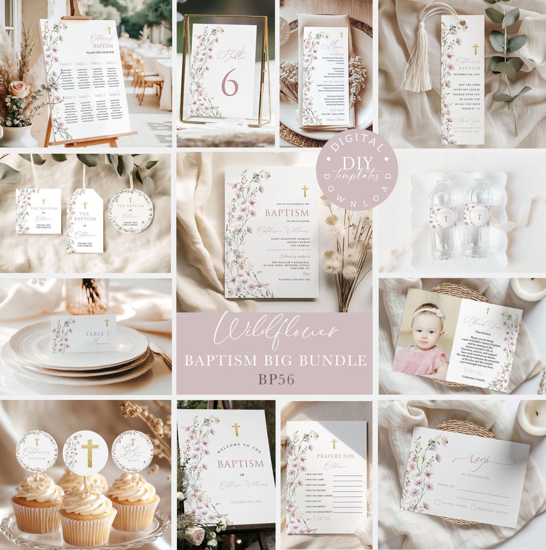 Girls Baptism Bundle Template, Pink Wildflower Baptism, Printable ...