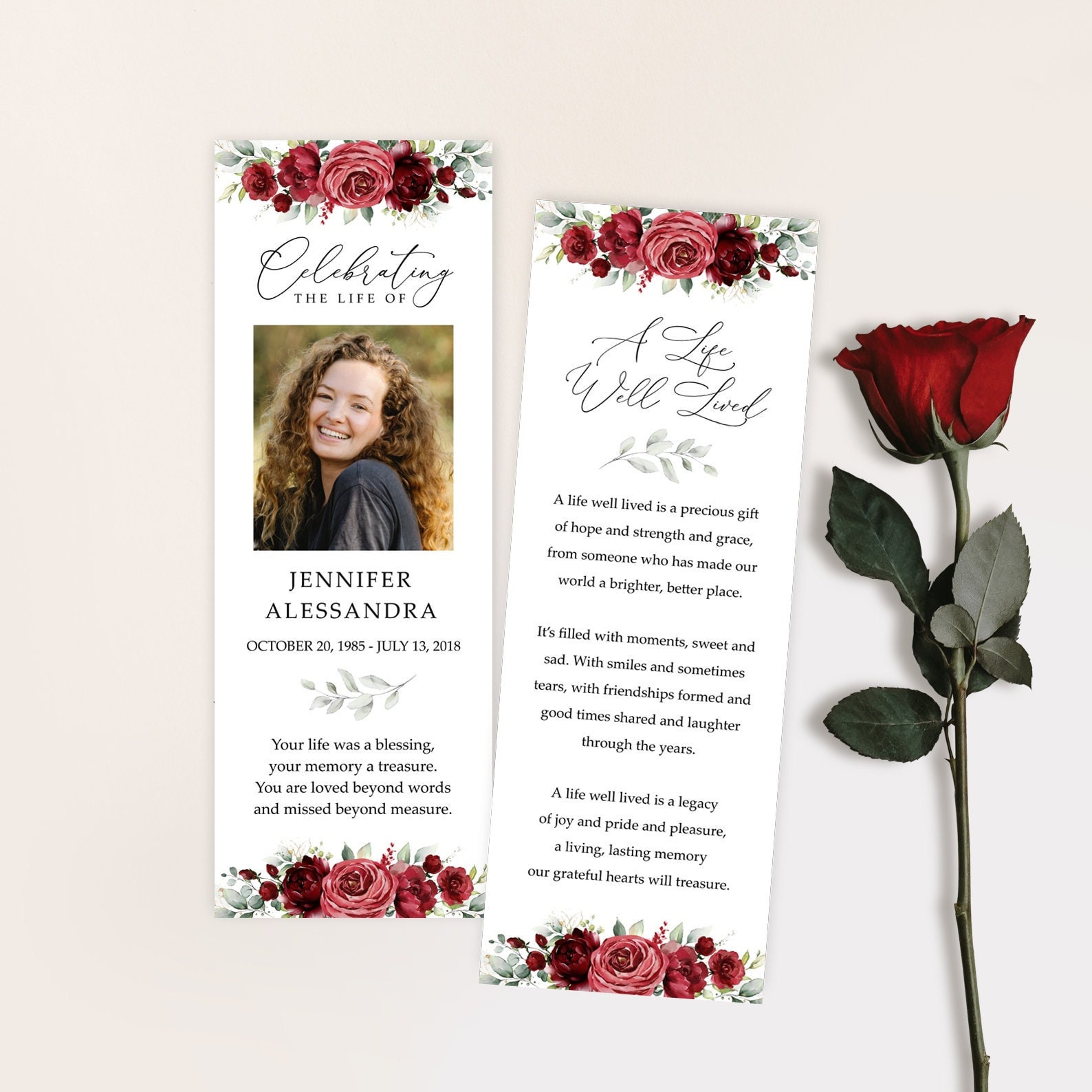 Editable Funeral Bookmark Template Red Roses, Floral Memorial Bookmark ...