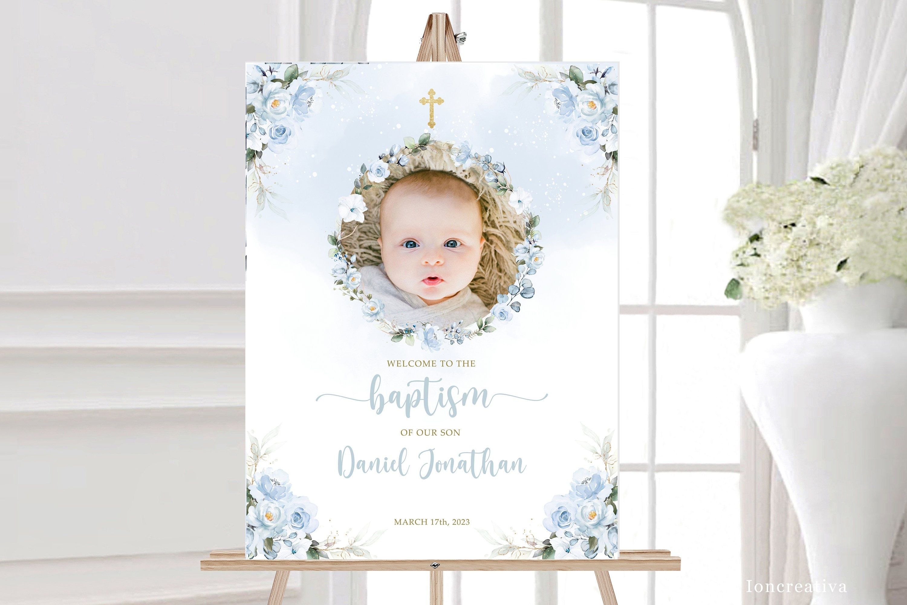 Editable Blue Rose Floral Baptism Welcome Sign Template With Photo for ...