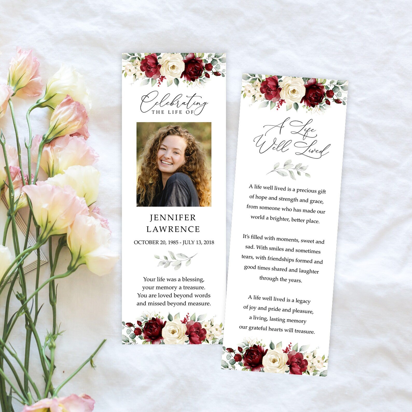 Editable Funeral Bookmark Template Floral Memorial Bookmark Funeral Red ...