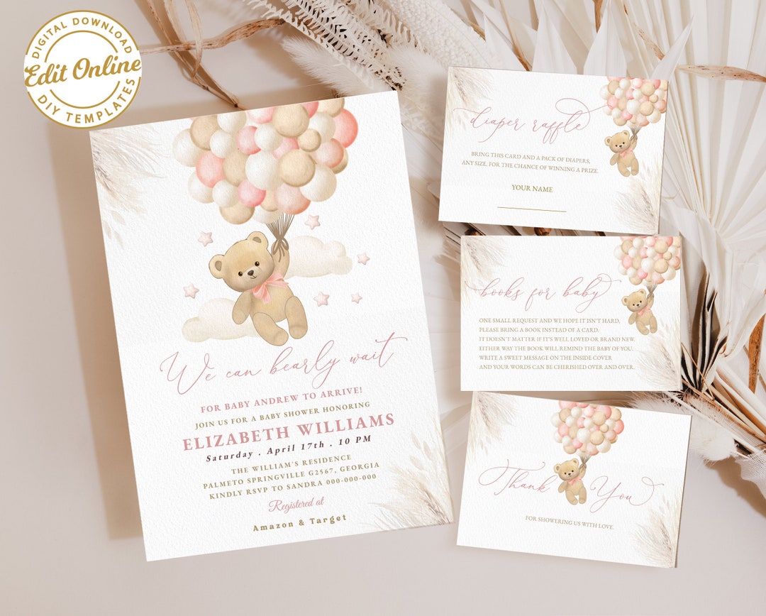 Pink Boho Teddy Bear Baby Shower Invitation Template, We Can Bearly ...