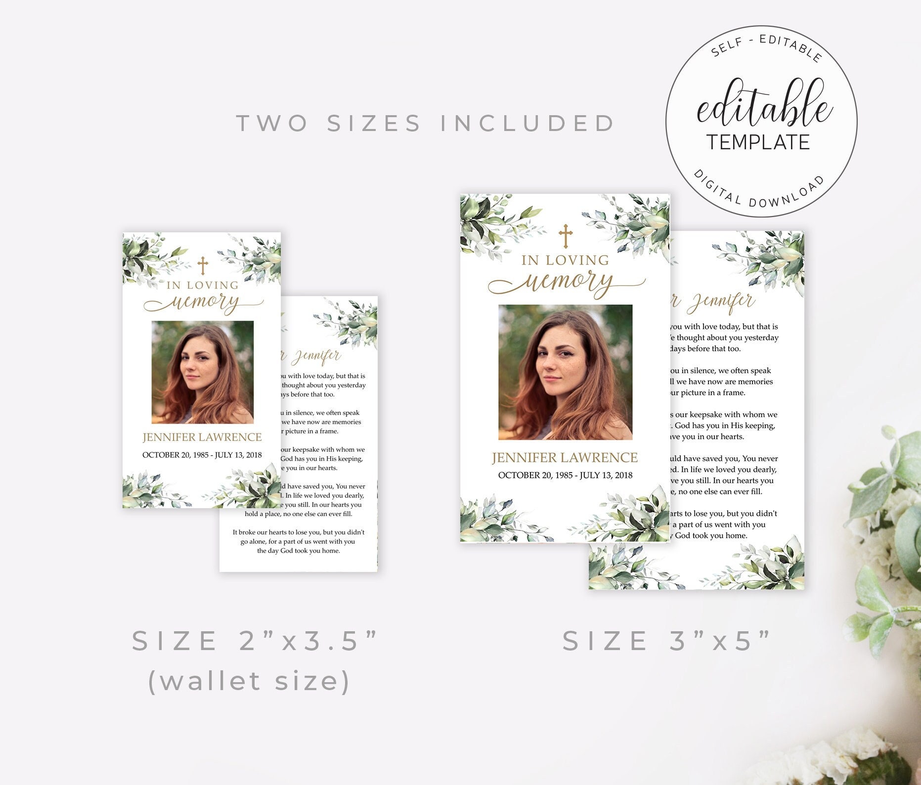 Editable Funeral Prayer Card Template Greenery Leaves, Botanical ...