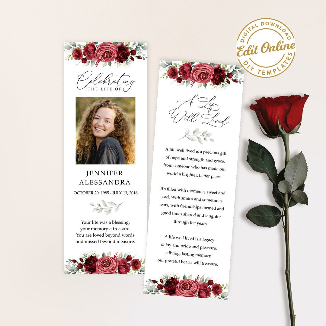 Editable Funeral Bookmark Template Red Roses, Floral Memorial Bookmark ...
