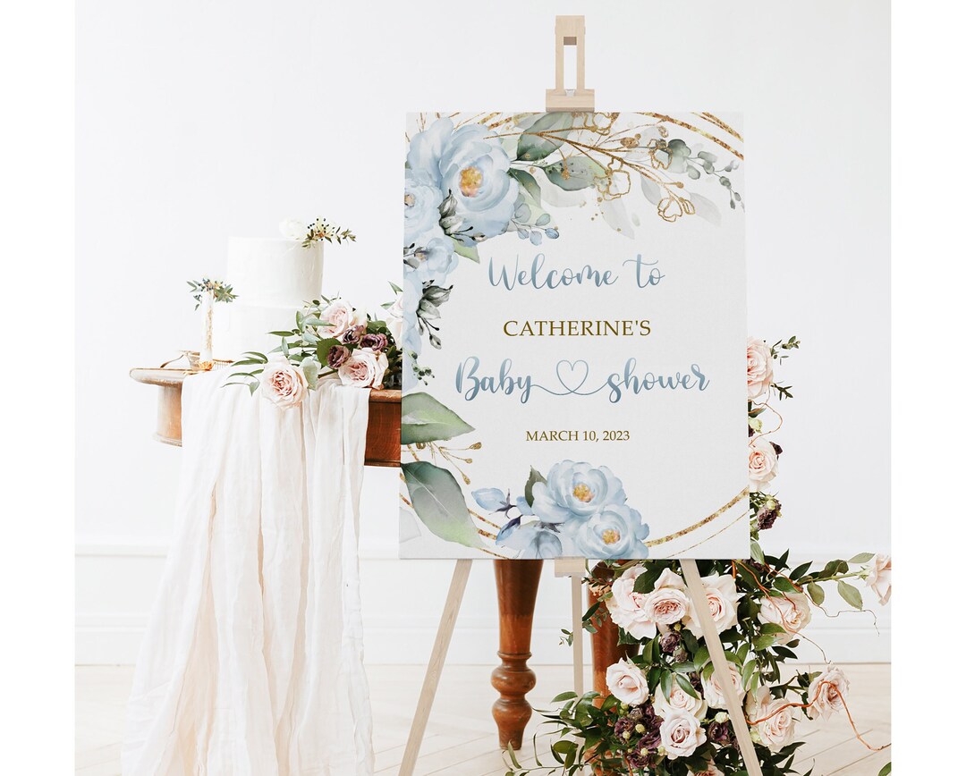 Blue Baby Shower Welcome Sign | Soft Blue Printable Baby Shower Sign ...