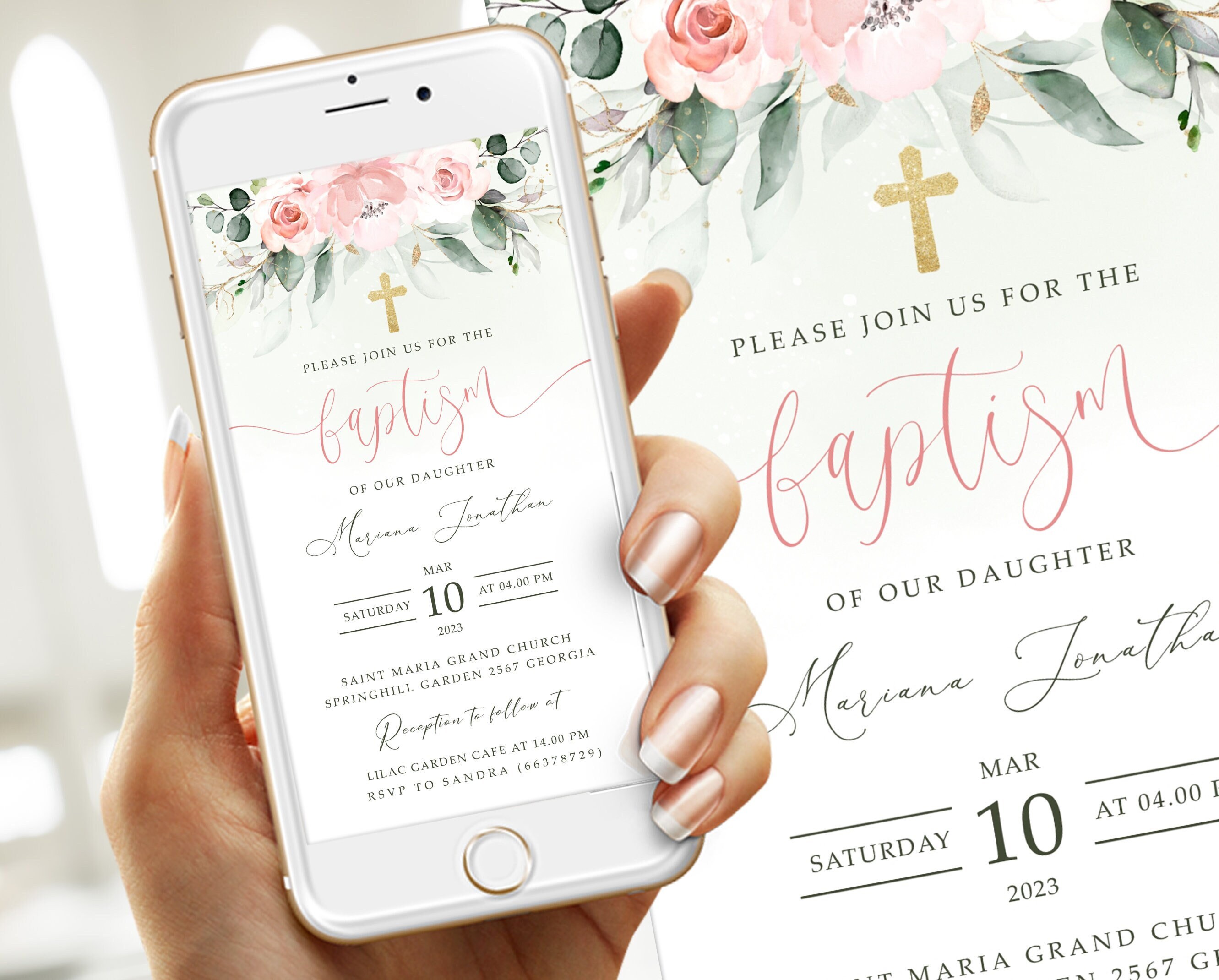 Digital Baptism Text Invitation Template, Evite Pink Greenery Baptism ...