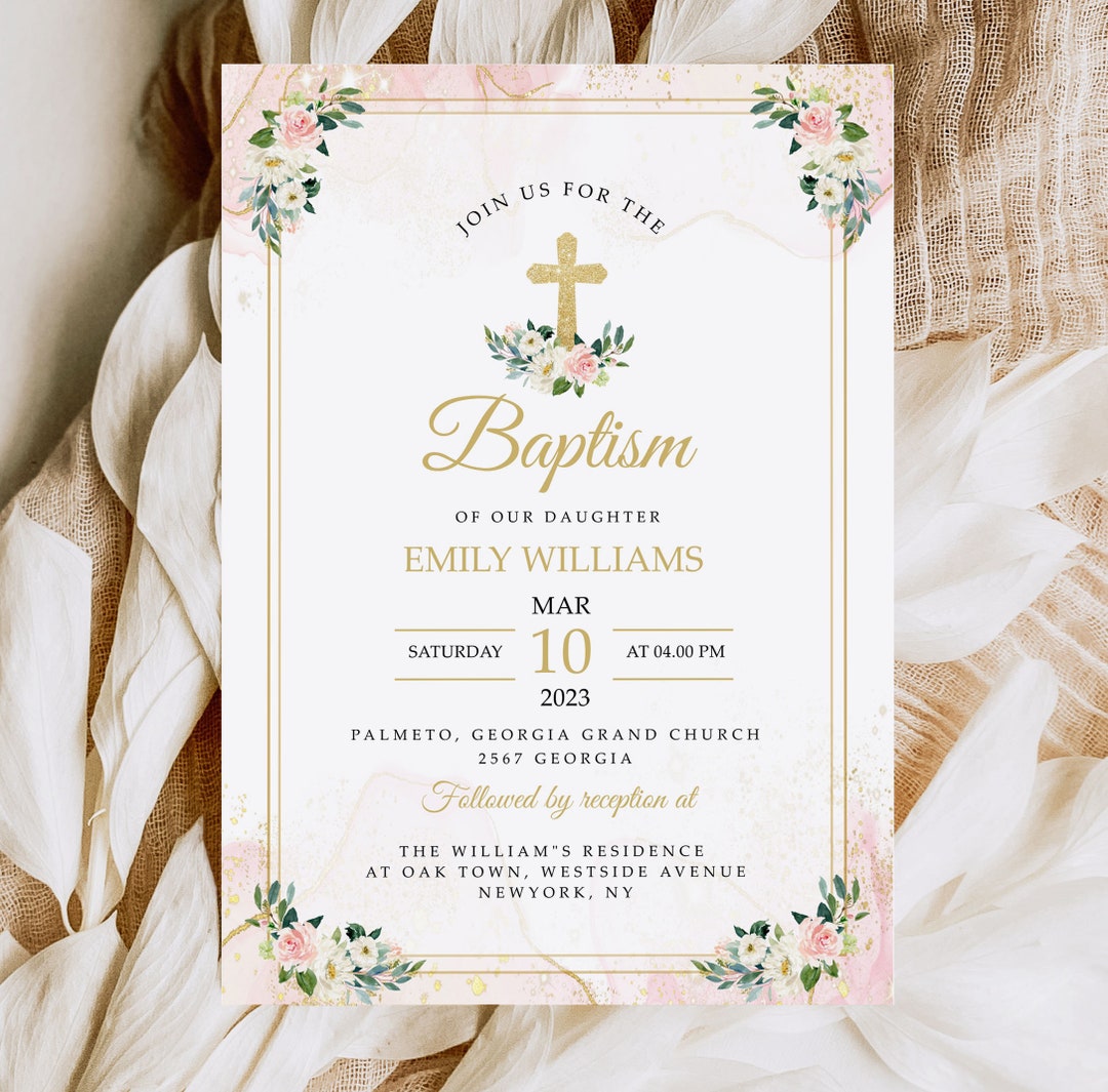 Editable Girl Baptism Invitation Template Pink Watercolor With Gold ...
