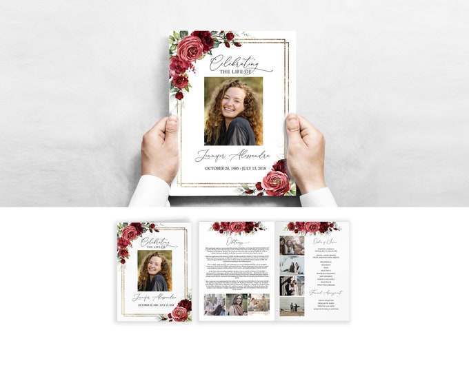 Red Rose Funeral Program Template, Obituary/order of Service Template ...