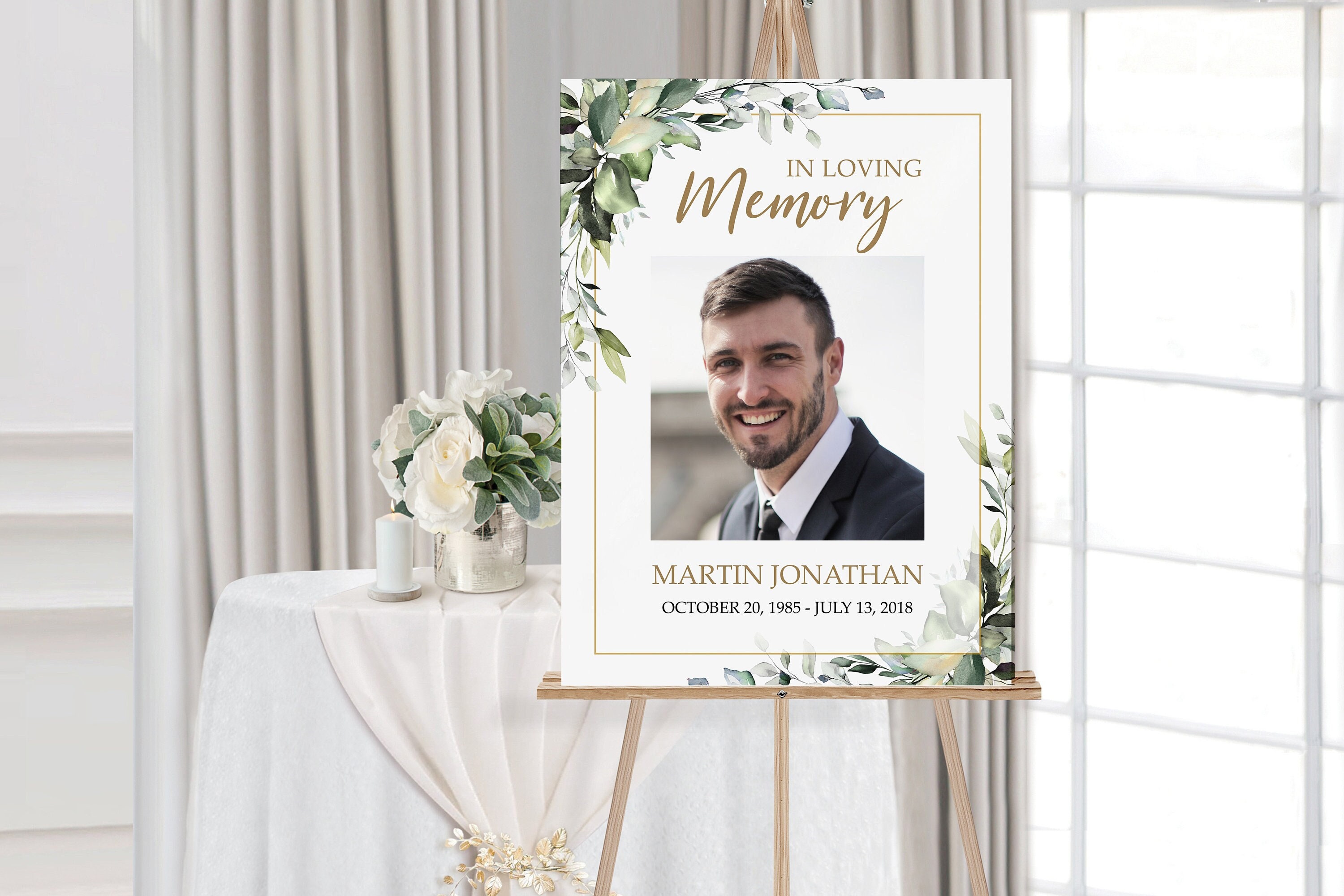 Greenery Leaves Funeral Welcome Sign Memorial Sign Template for Man ...