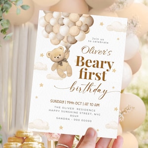 Editable Beary First Birthday Invitation, 1st Birthday Teddy Bear ...