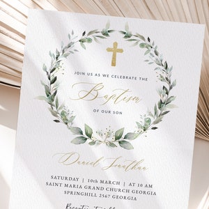 Baptism Invitation Template, Greenery Leaves, Editable, Greenery ...