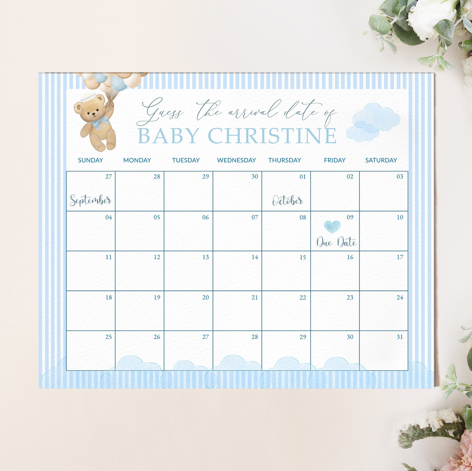Editable Baby Shower Due Date Calendar Template Blue Balloon Printable ...