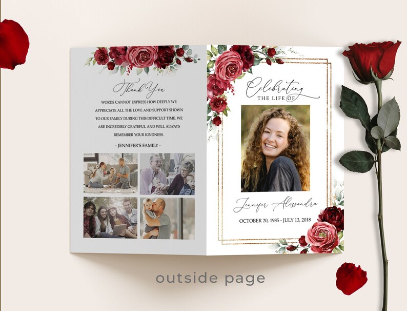 Editable Funeral Program Template, Memorial Service Template, Red Roses ...