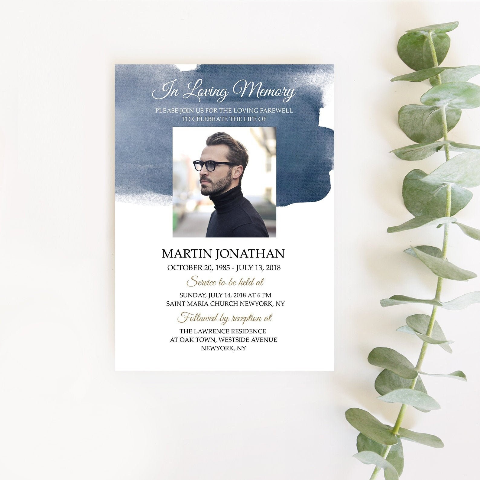 Editable Blue Watercolour Funeral Invitation Funeral Announcement ...