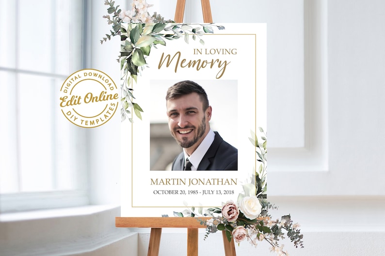 Greenery Leaves Funeral Welcome Sign Memorial Sign Template for Man ...