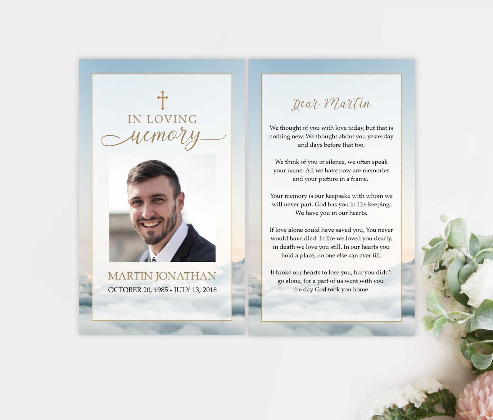 Blue Sky Editable Funeral Prayer Card Template Funeral Memorial Prayer ...