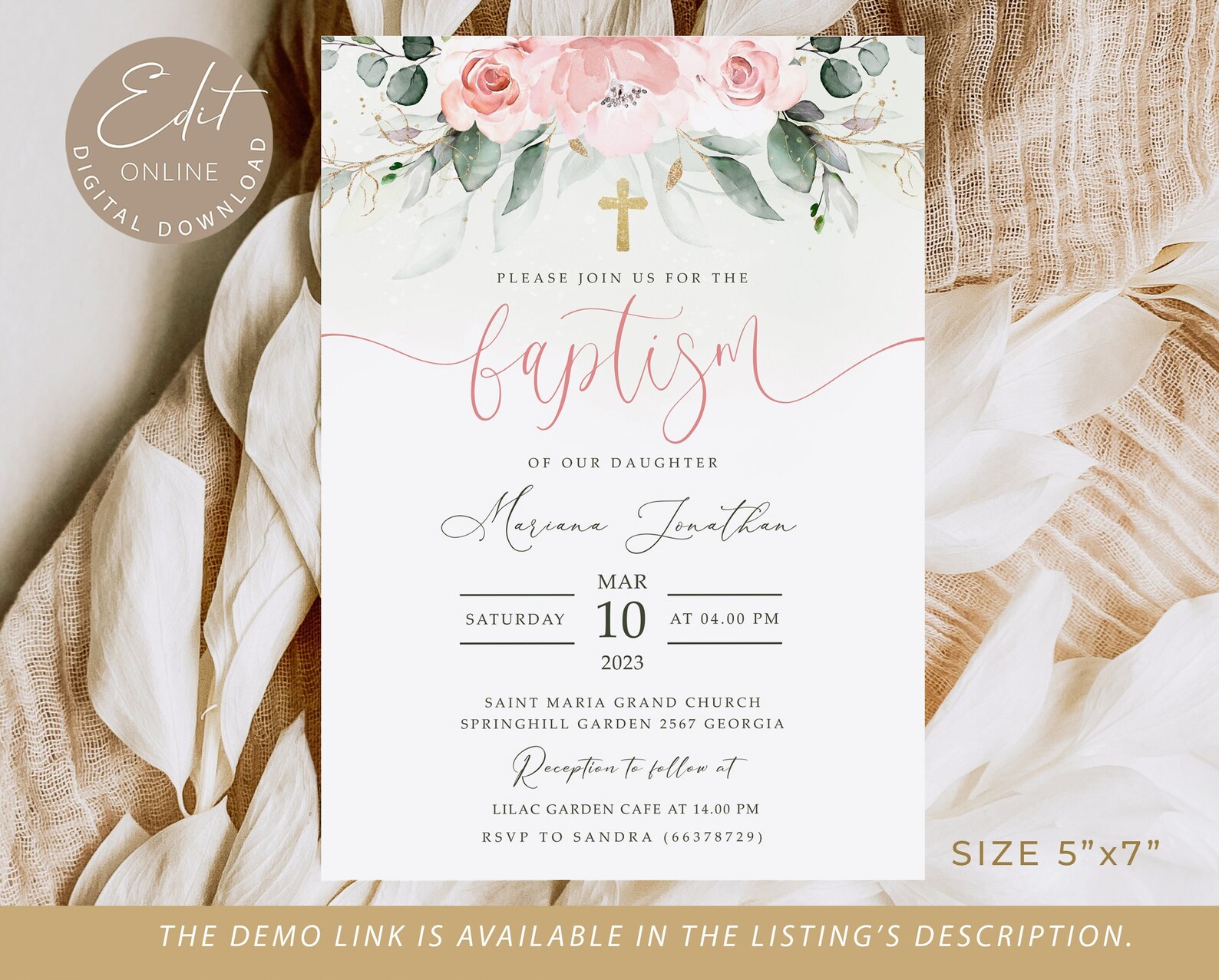 Editable Pink Rose Baptism Invitation Template, Pink Baptism Invitation ...