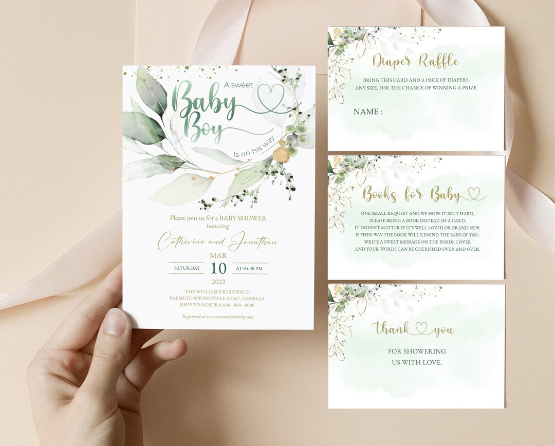 Greenery Baby Boy Shower Invitation Set, Green & Gold Baby Shower ...