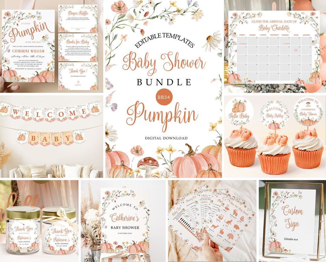 Editable Little Pumpkin Fall Baby Shower Bundle Template Floral Pumpkin ...