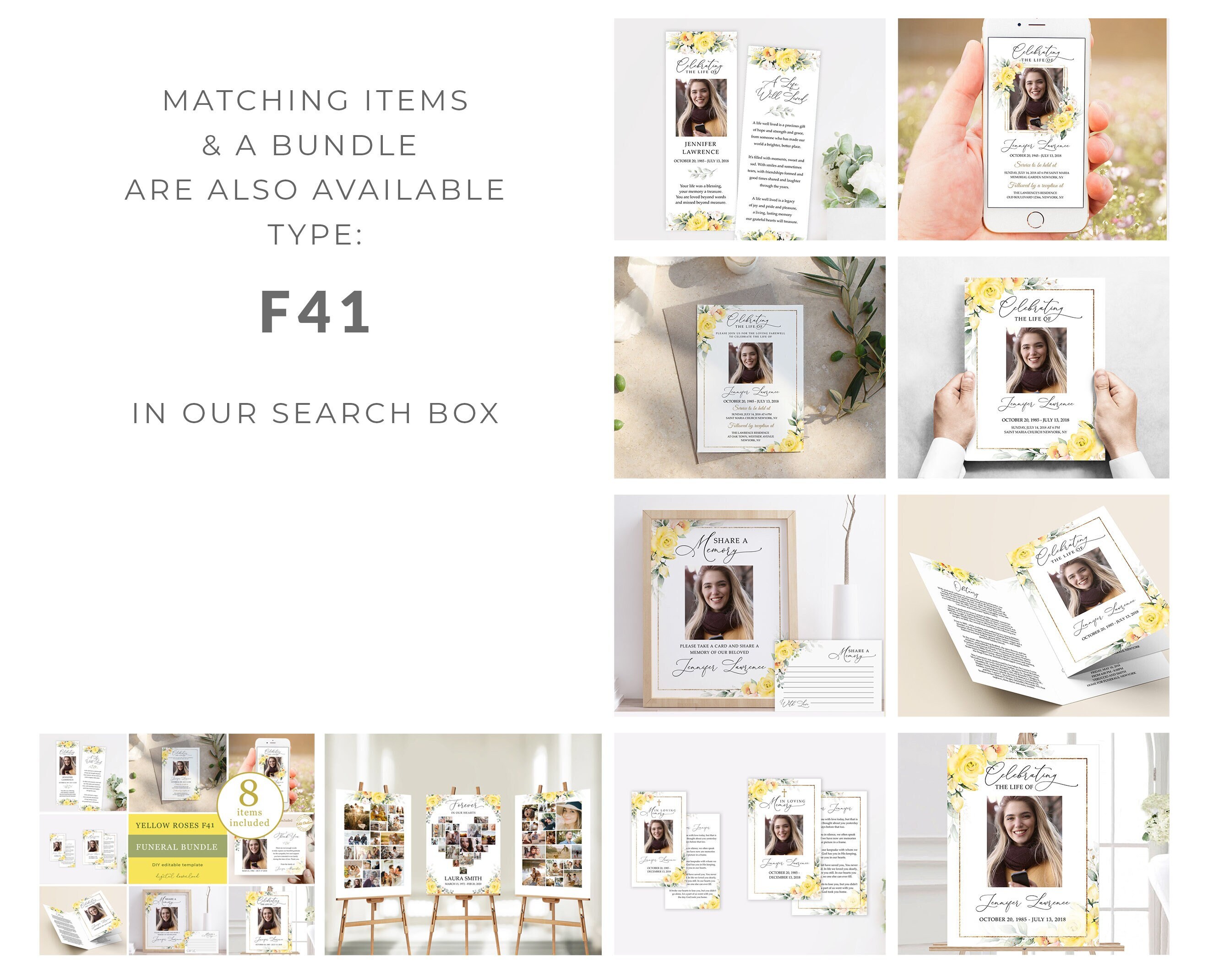 F41 Funeral Thank You Card Template Yellow Rose Flower Greenery ...