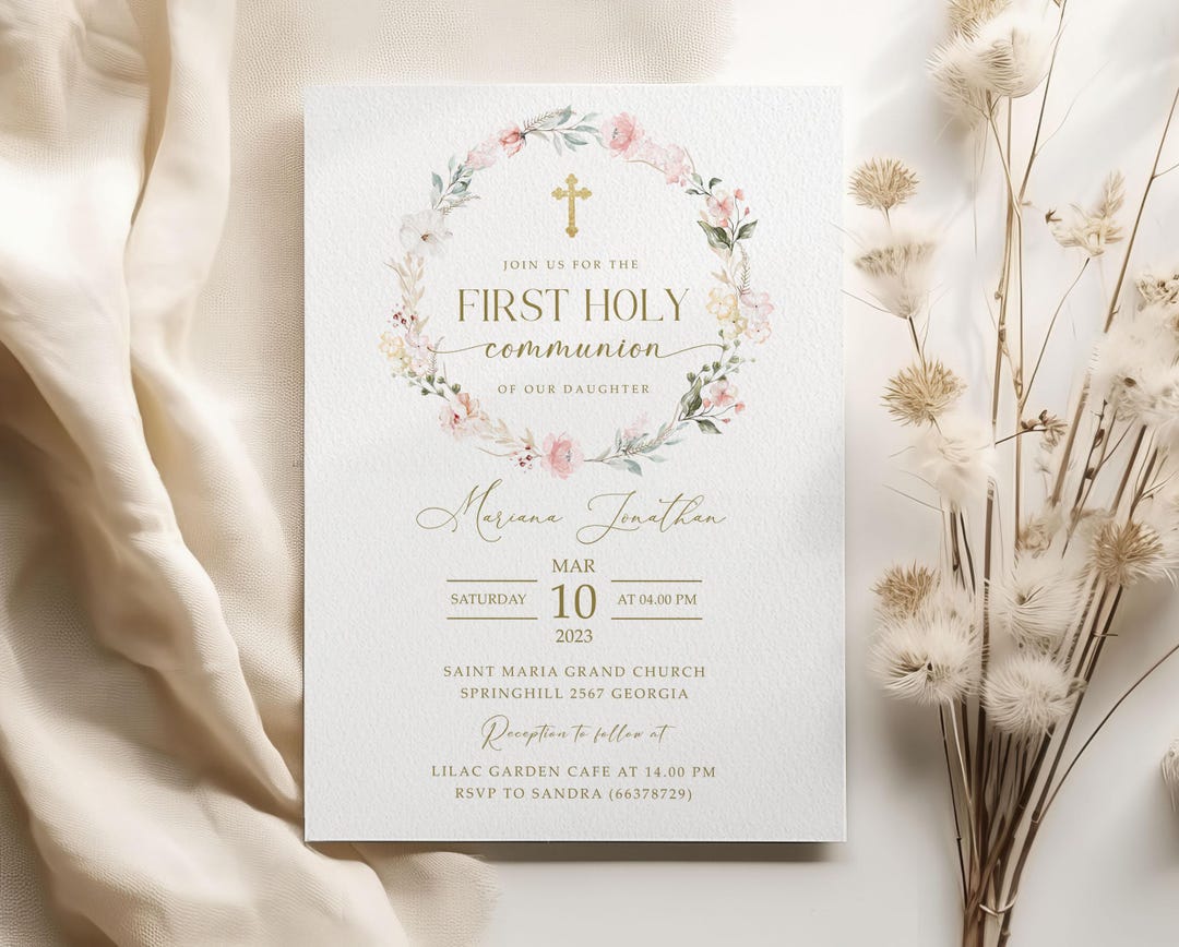 First Holy Communion Invitation Template, Rustic Pink Flower First ...