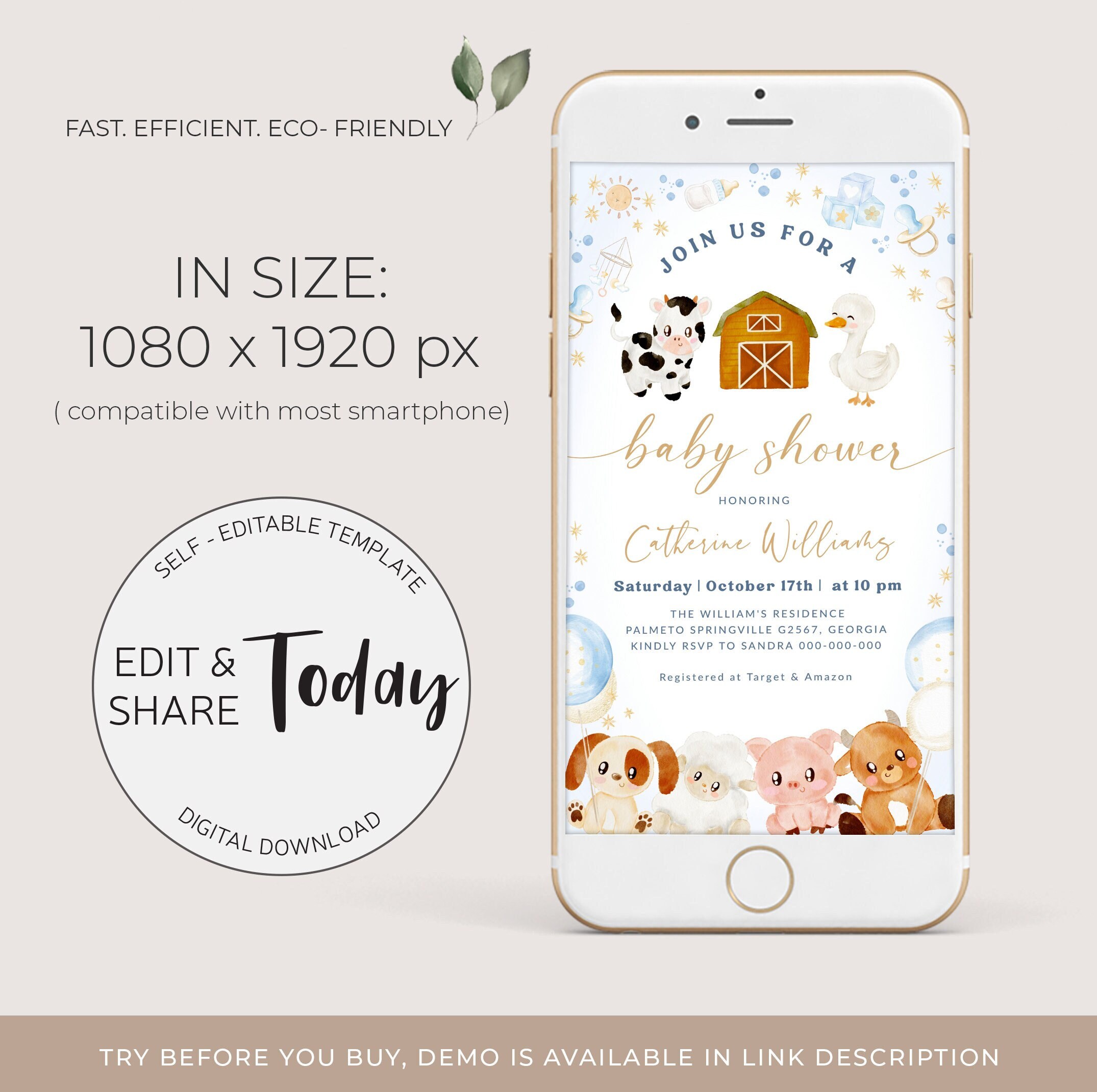 Editable Blue Farm House Smartphone Baby Shower Invitation Template ...