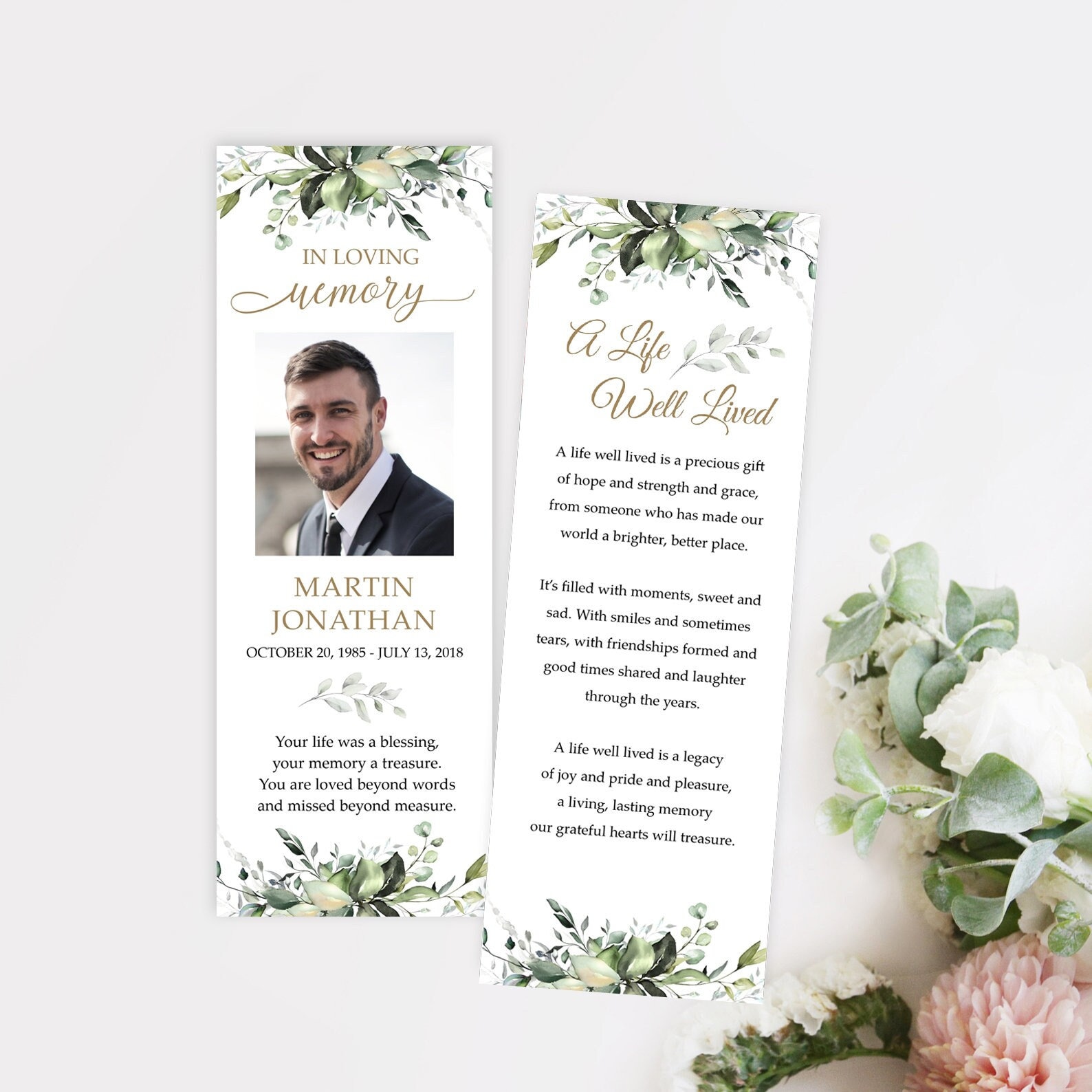 Editable Greenery Leaves Funeral Bookmark Template Memorial Bookmark ...