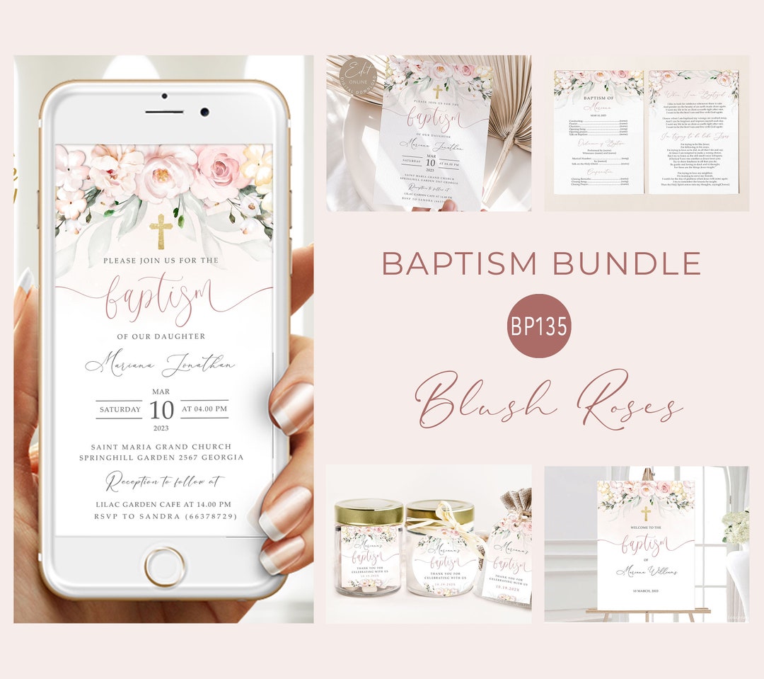 Editable Baptism Invitation Bundle, Christening Bundle, Pink Floral Christening, Girl Boho ...