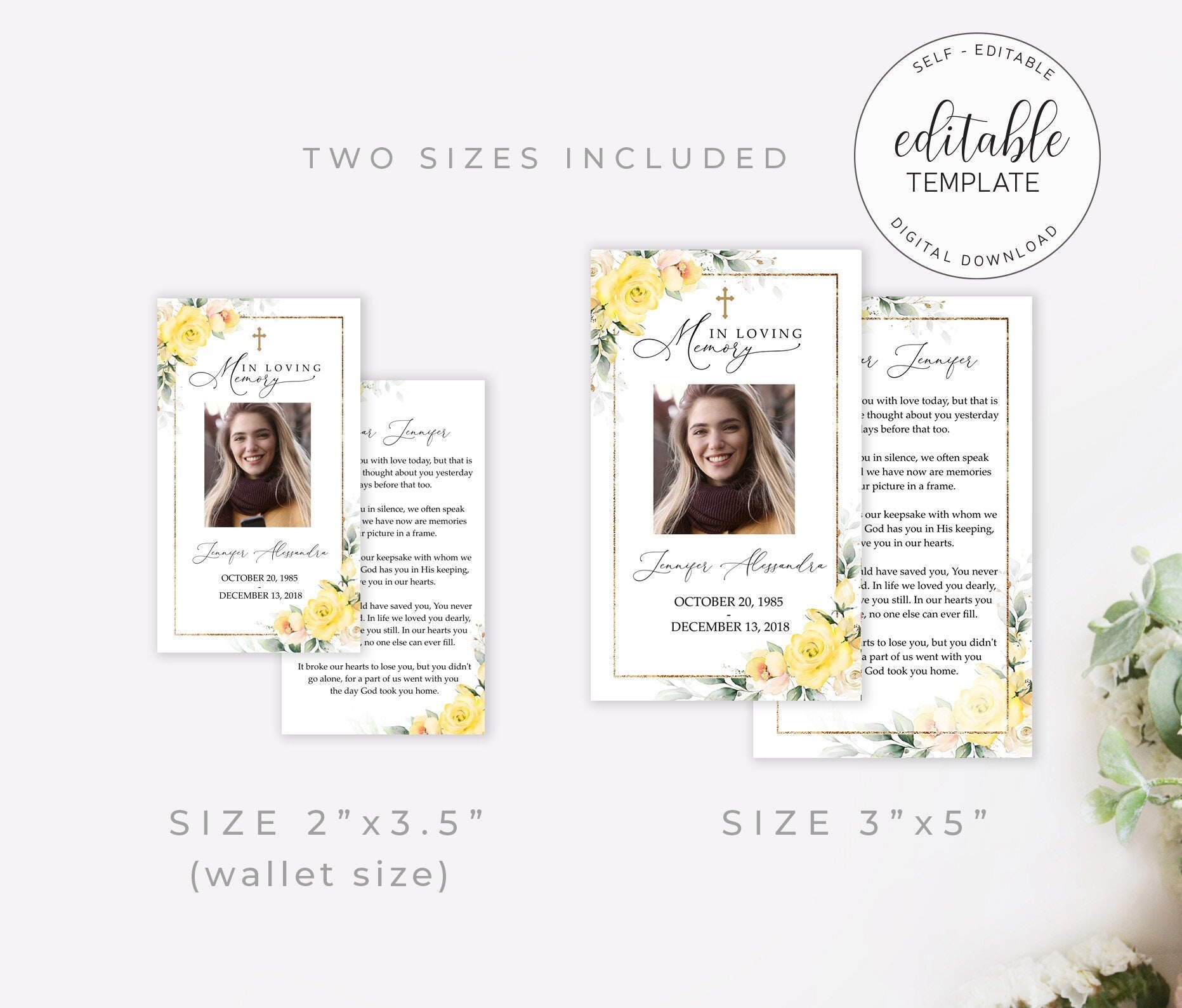 Editable Funeral Prayer Card Template Yellow Roses Editable Memorial ...
