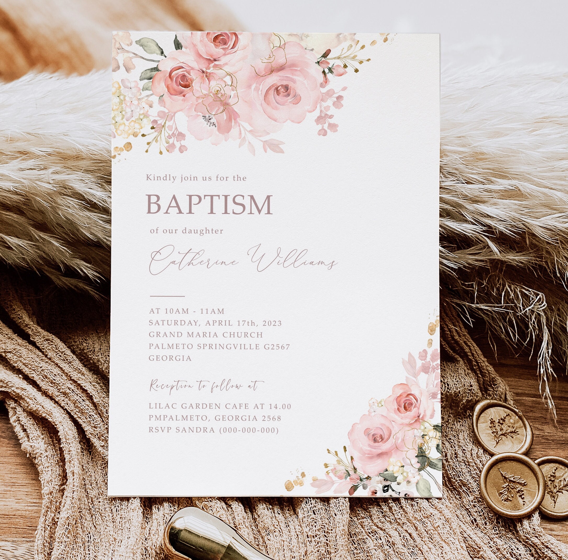 Editable Girl Baptism Invitation Template, Dusty Pink Rose Flowers ...