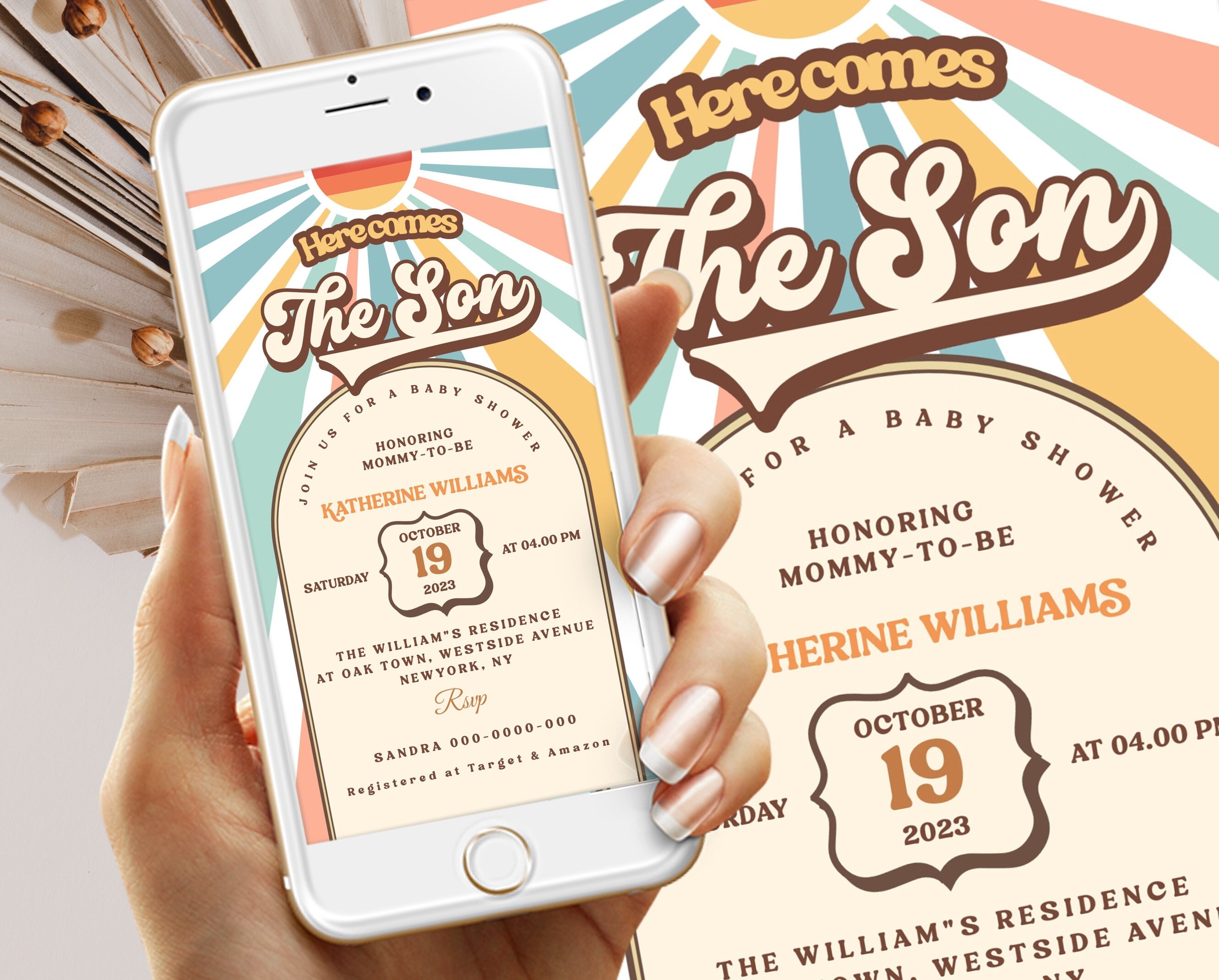 Digital Baby Showe Invitation Evite Boho Retro Here Comes the Son Baby ...