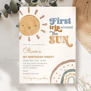 Editable First Trip Around the Sun Birthday Invitation, Rainbow Boho ...