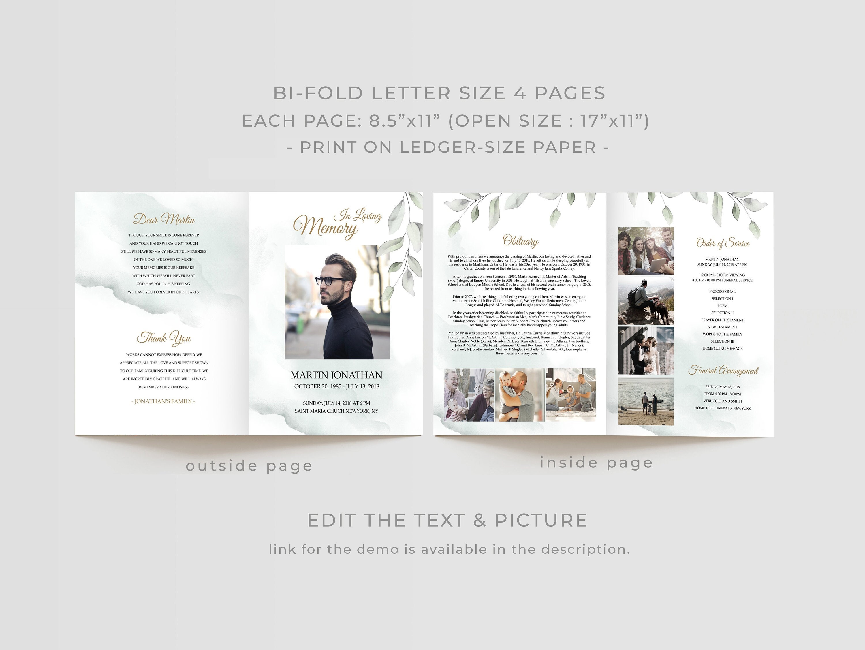 Editable Funeral Program Template Leaves Green, Memorial Service ...