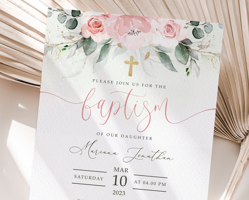 Editable Pink Rose Baptism Invitation Template, Pink Baptism Invitation ...