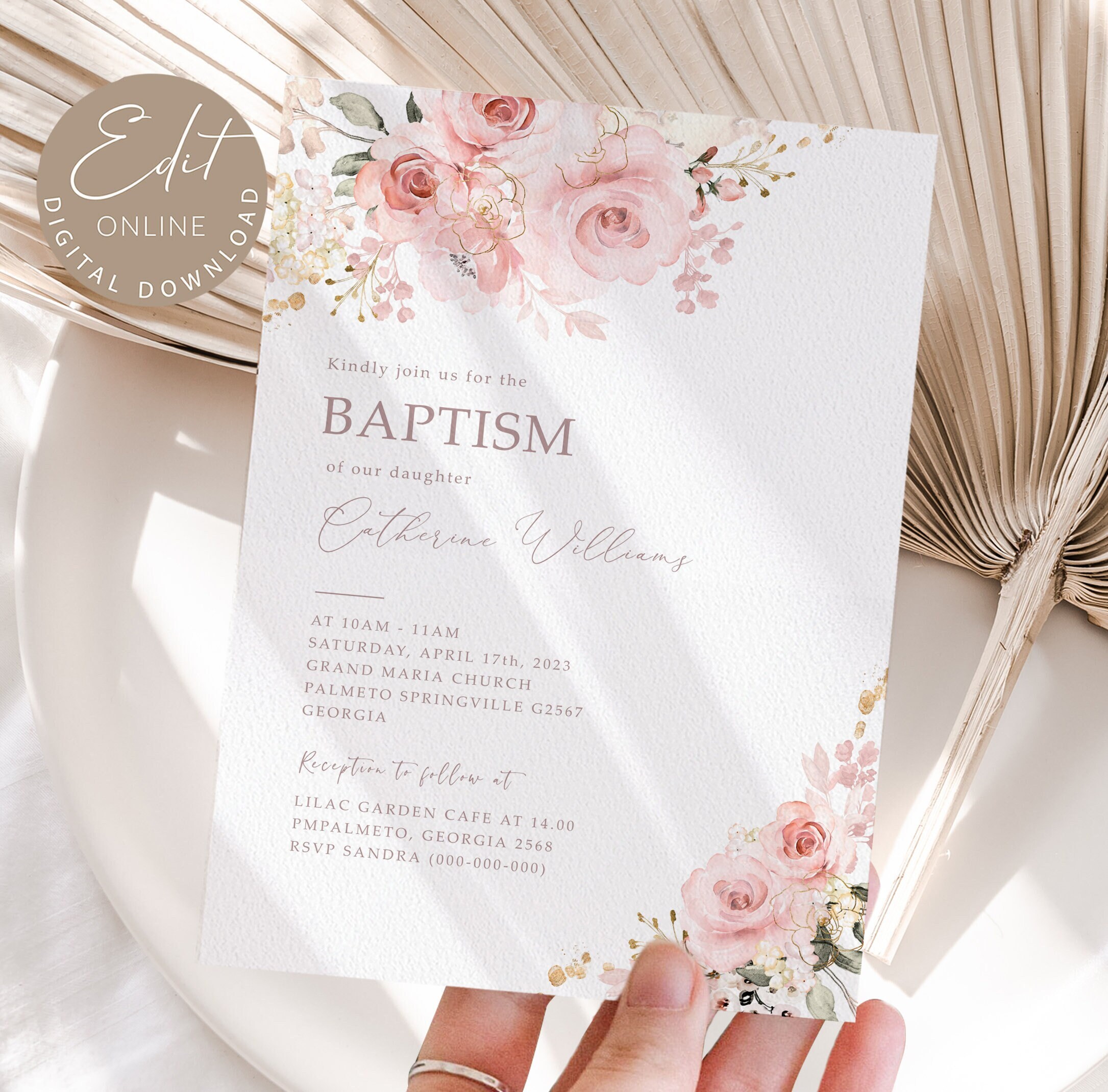 Editable Girl Baptism Invitation Template, Dusty Pink Rose Flowers ...