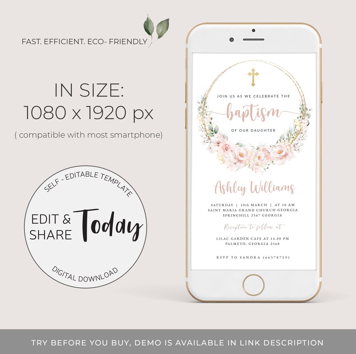 Digital Baptism Text Invitation Template, Gold Rustic Pink Flowers ...