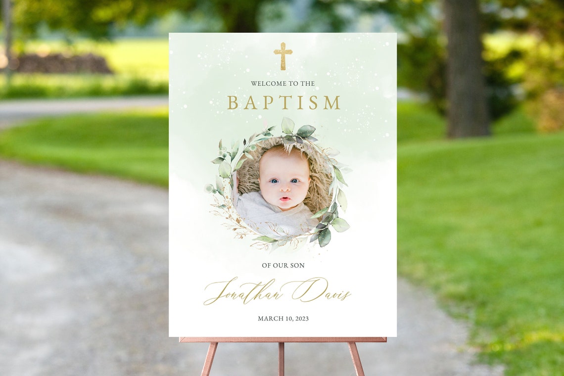 Editable Greenery Baptism Welcome Sign Template With Photo for Boy ...