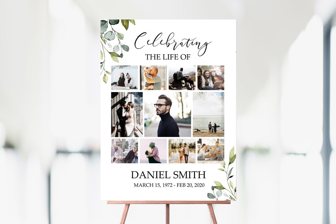 Funeral Sign Template Photo Collage, Greenery Memorial Service Sign ...