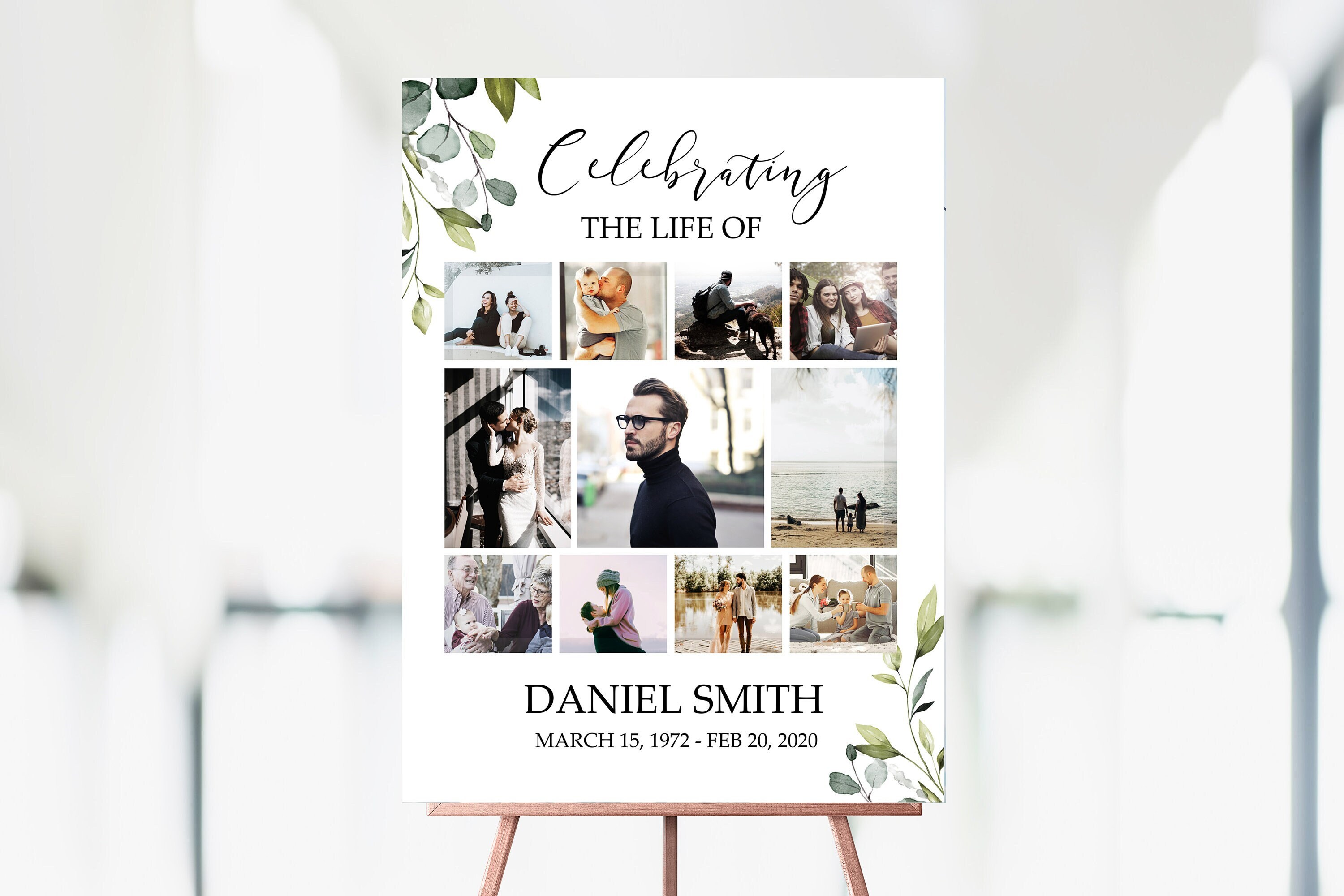 Funeral Sign Template Photo Collage, Greenery Memorial Service Sign ...