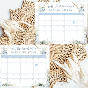 Baby Shower Due Date Calendar Template Dusty Blue Rose, Printable Baby ...