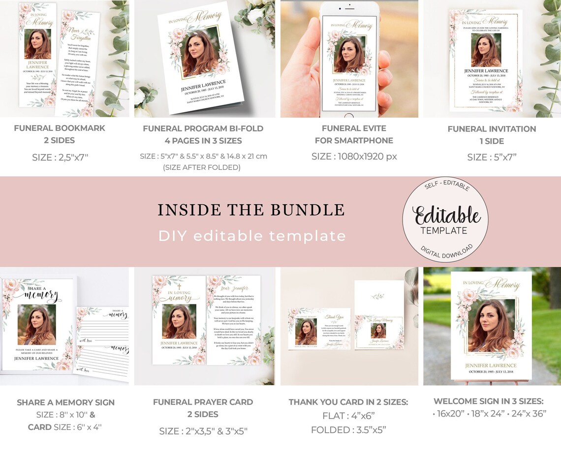 Pink Roses Funeral Bundle Template Floral Celebration of Life Bundle ...