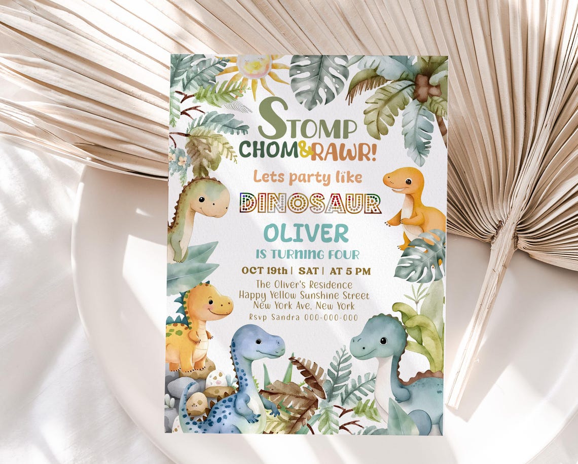 Editable Dinosaur Birthday Party Invitation Template, Dinosaur 4th ...